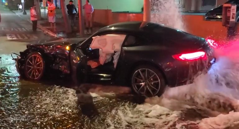 Mercedes-AMG GT lands on fire hydrant and causes major flood